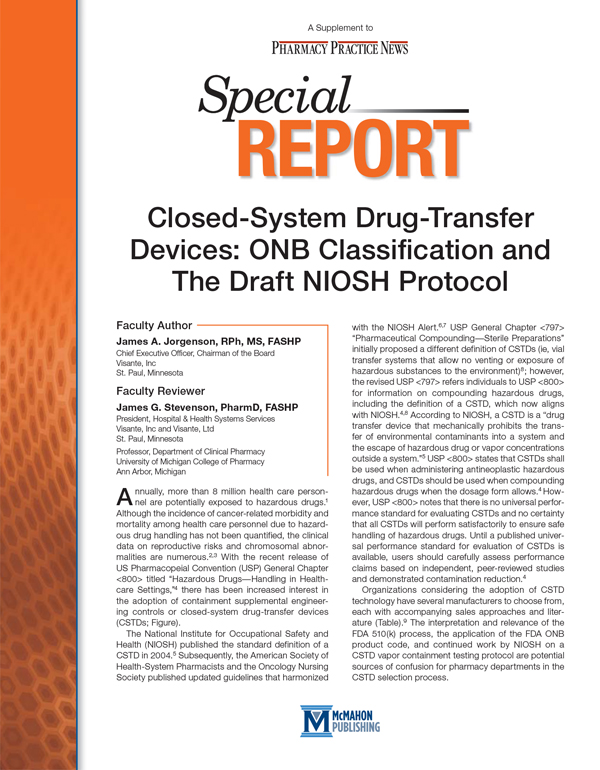 Closed-System Drug-Transfer Devices: ONB Classification and The Draft NIOSH Protocol